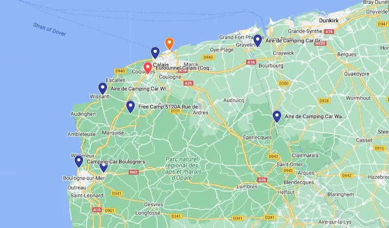 Safest free or low-cost motorhome stopovers near Calais France